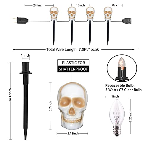 C7 Halloween Skull Pathway Stake Lights, 7 Ft Halloween Pathway String Lights with 4 C7 Bulbs, Stake, Halloween Decorations Driveway Markers Lights for Outdoor Holiday Garden Walkway Party Lighting