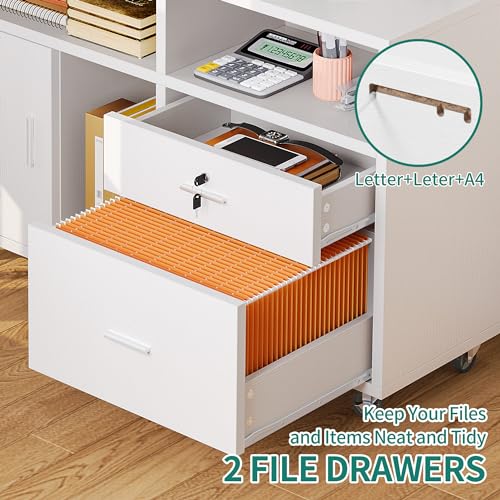 YITAHOME Wood Lateral File Cabinet, 2 Drawer Mobile Storage Cabinet, Fits A4, Letter and Legal Printer Stand with Open Storage Shelves, Modern Filing Cabinet for Home Office, White