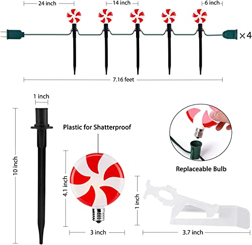 Christmas Lollipop Pathway Lights Outdoor, 7.2ft Plug in Peppermint Walkway String Lights for Christmas Decoration, Garden, Yard, Hangable, Waterproof, Connectable, Warm White (2 PC)