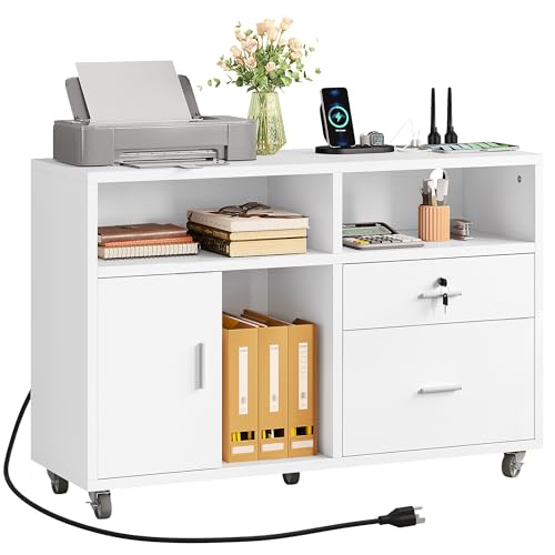 YITAHOME Wood Lateral File Cabinet, 2 Drawer Mobile Storage Cabinet, Fits A4, Letter and Legal Printer Stand with Open Storage Shelves, Modern Filing Cabinet for Home Office, White