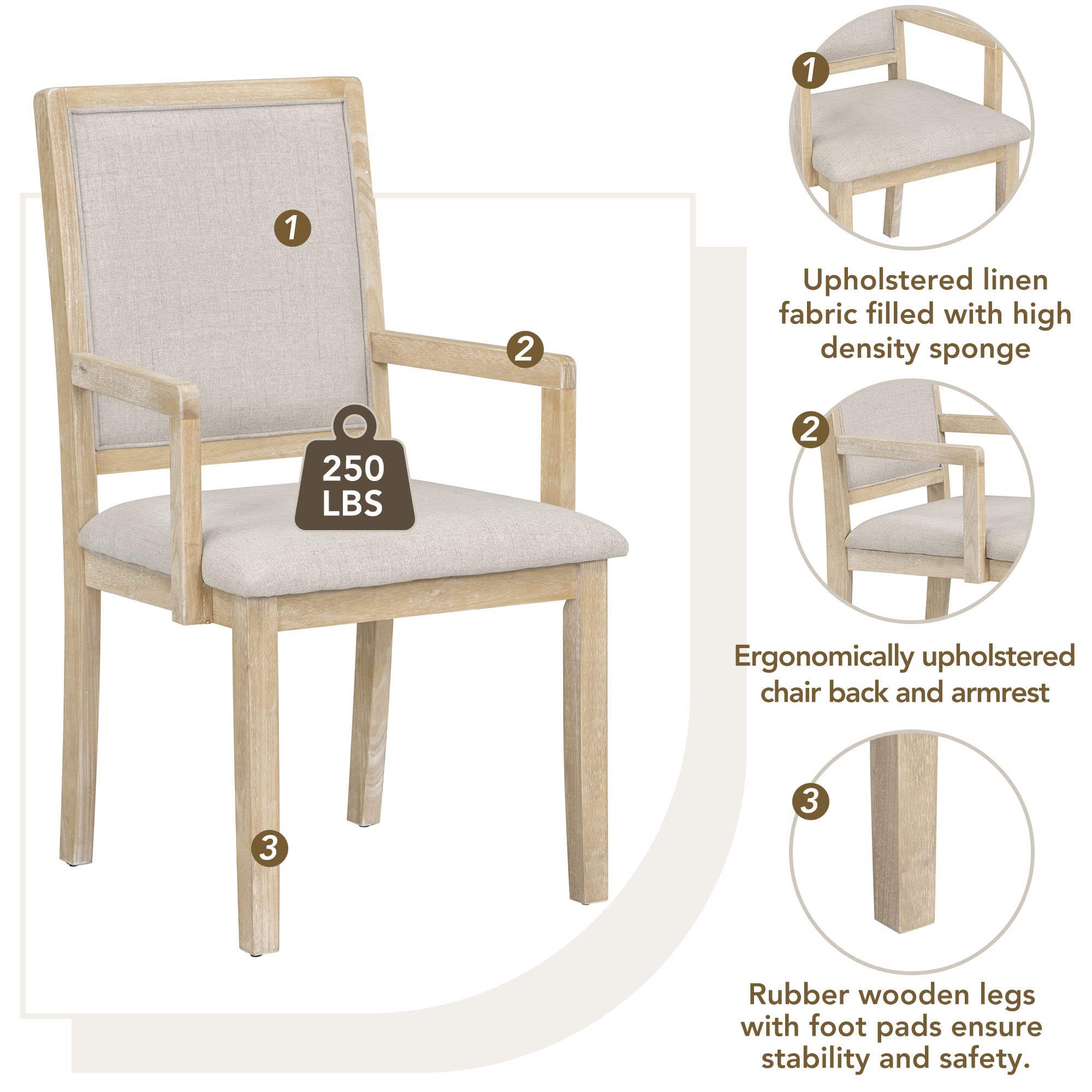 POCIYIHOME 5-Piece Kitchen Furniture Set, Two-Size Round to Oval Extendable Butterfly Leaf, 4 Upholstered Dining Arms, Table/Chairs for 4 (Natural Wood Wash)