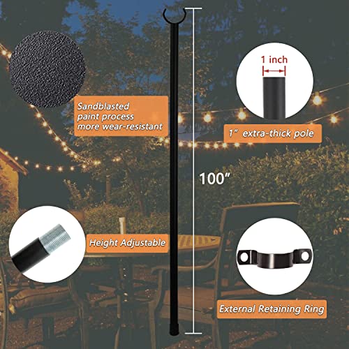 RINLAIN Outdoor String Light Poles 2 Pack, 8.3ft Height Adjustable Metal Stand Pole with Hooks for Hanging String Lights,Garden, Backyard, Patio Lighting Stand for Parties, Wedding (Black)