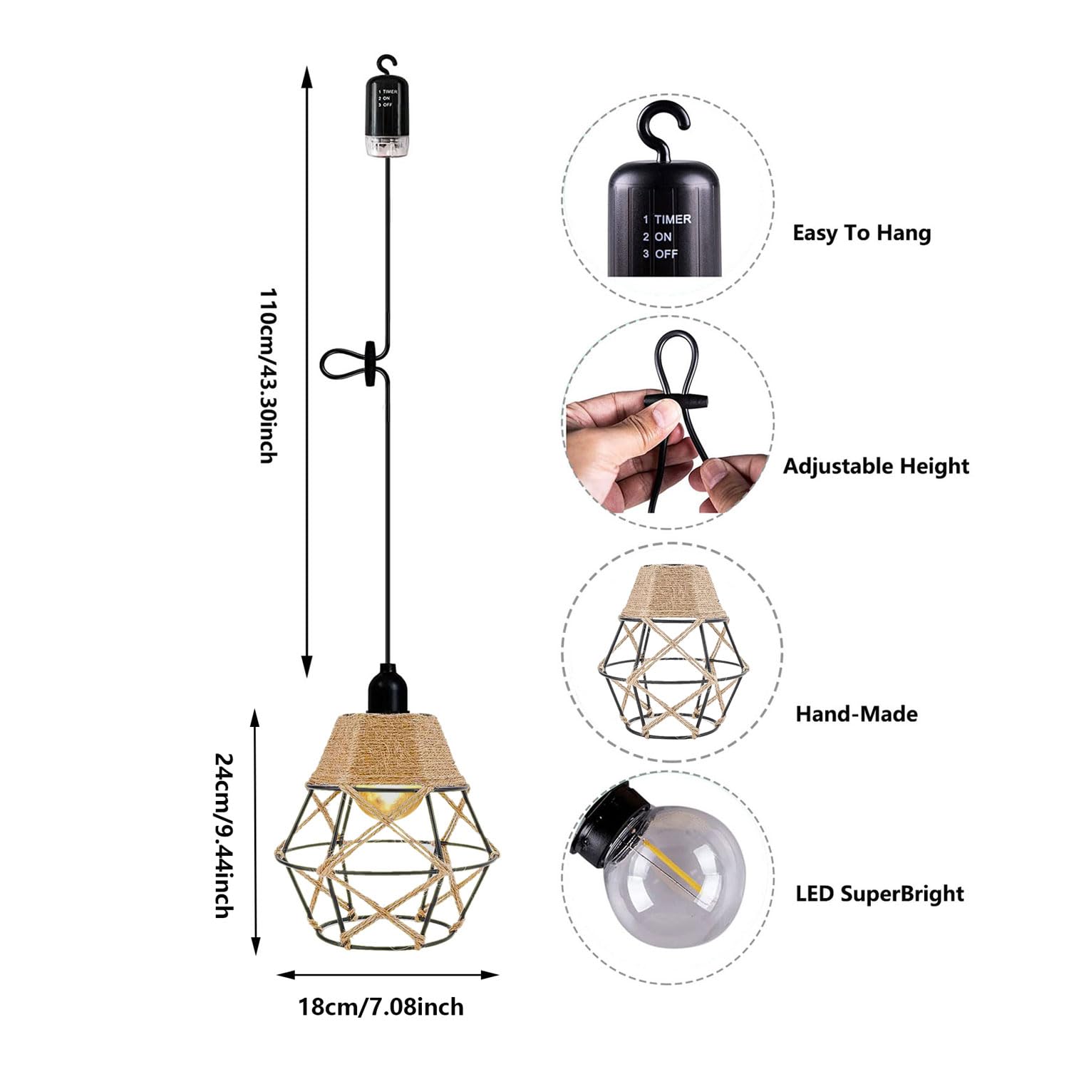 3er Pack Battery Operated Pendant Light Indoor Chandelier Hanging Lamp with Remote Control Timer LED Bulbs Boho Rattan Shade Outdoor Lantern for Gazebo Porch Patio Backyard Powered by 4*AA Batteries