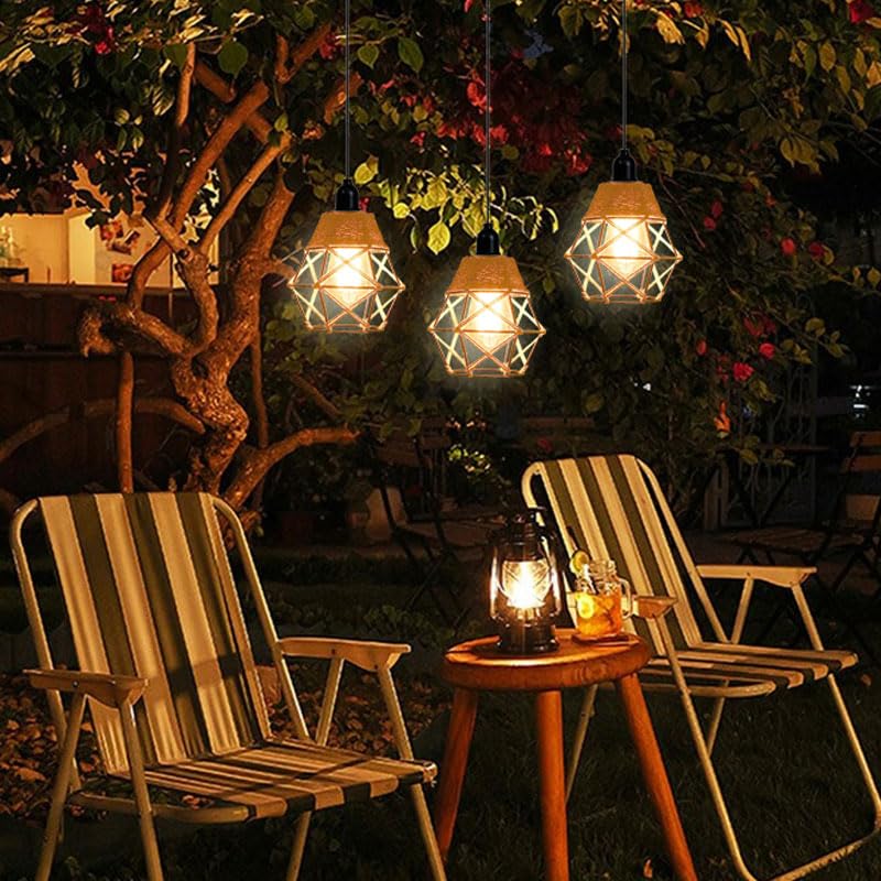 3er Pack Battery Operated Pendant Light Indoor Chandelier Hanging Lamp with Remote Control Timer LED Bulbs Boho Rattan Shade Outdoor Lantern for Gazebo Porch Patio Backyard Powered by 4*AA Batteries