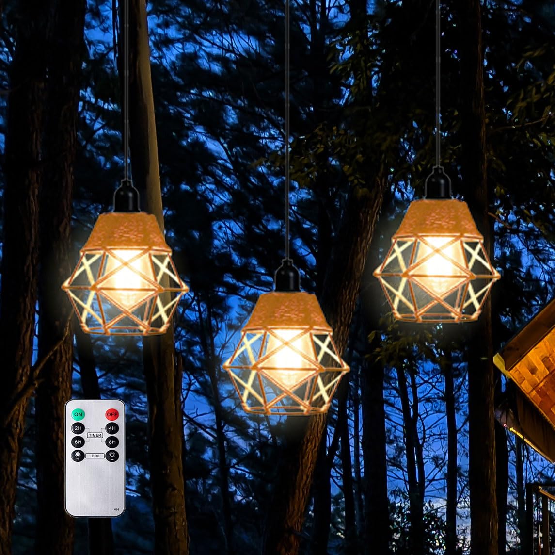 3er Pack Battery Operated Pendant Light Indoor Chandelier Hanging Lamp with Remote Control Timer LED Bulbs Boho Rattan Shade Outdoor Lantern for Gazebo Porch Patio Backyard Powered by 4*AA Batteries