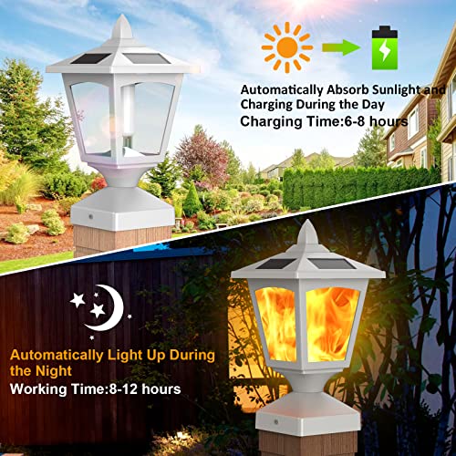 HENRE Solar Post Light,Outdoor Deck Fence Post Cap Flame Light,Waterproof 4x4 5x5 6x6 Black Post Top LED Light,2 Pack 3.5x3.5 Decorative Garden Solar Powered Flickering Light