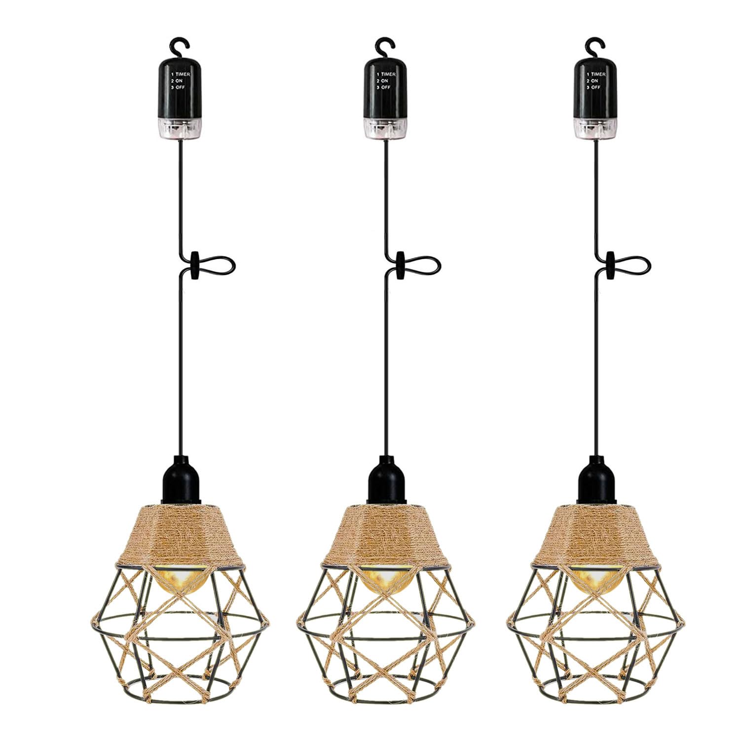 3er Pack Battery Operated Pendant Light Indoor Chandelier Hanging Lamp with Remote Control Timer LED Bulbs Boho Rattan Shade Outdoor Lantern for Gazebo Porch Patio Backyard Powered by 4*AA Batteries