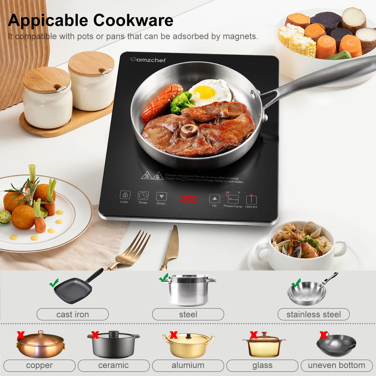 AMZCHEF 1800W Induction Cooktop Commercial & 1800W Portable Induction Cooktop