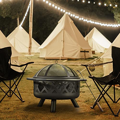 Teamson Home Steel Wood Burning Fire Pit with Spark Screen and Fireplace Poker for Outdoor Patio Garden Backyard Decking, 30 Inch Length, Black