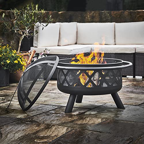 Teamson Home Steel Wood Burning Fire Pit with Spark Screen and Fireplace Poker for Outdoor Patio Garden Backyard Decking, 30 Inch Length, Black