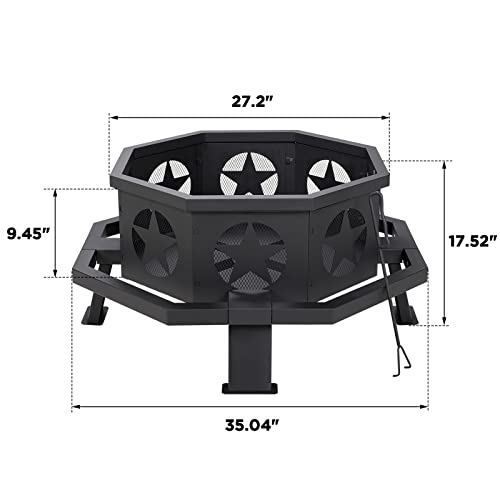 PaPaJet 35 Inch Outdoor Fire Pits, Octagonal Wood Burning Fire Pit, Heavy Duty Bonfire Pit for Patio Backyard Garden Camping Beach