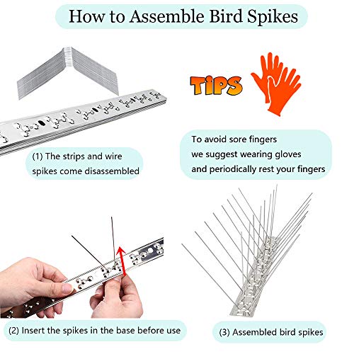 PANGCH Bird Spikes for Pigeons Small Birds,Stainless Steel Bird Spikes -No More Bird Nests & Poop-Disassembled Spikes 10 Strips 10.82 Feet Coverage