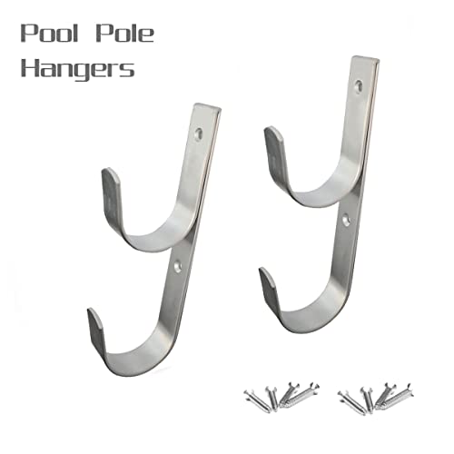 2 PCS Set Wide Pool Pole Hangers Heavy Duty Silver Aluminium Holder Hooks with Screws Perfect Hook Holders for Swimming Pool,Telescopic Poles,Skimmers,Nets Brushes,Vacuum Hose,Garden Equipment Etc