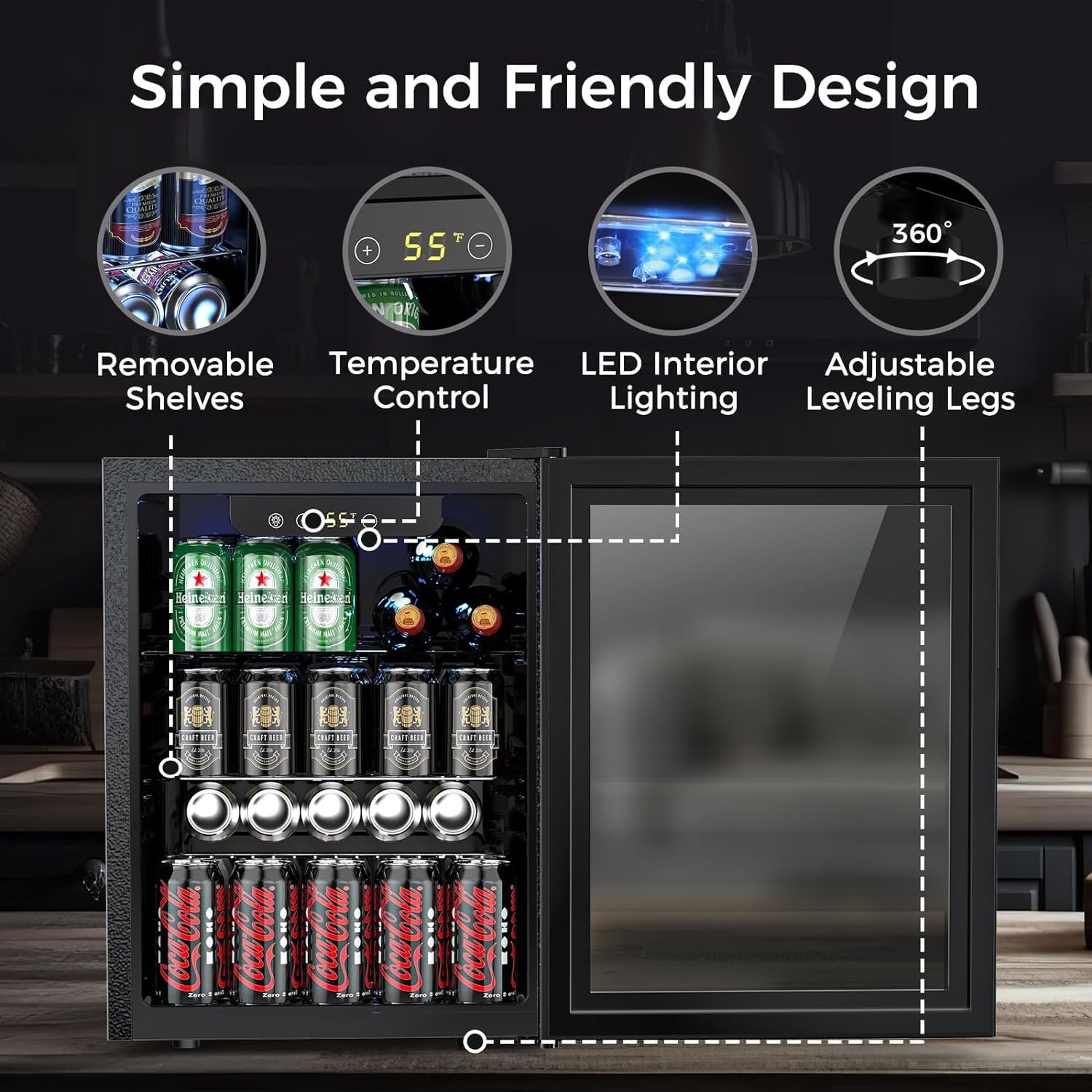 Kndko Mini Beverage Refrigerator and Cooler - 95 Can Mini Fridge with Digital Temperature Control, LED Light, Reversible Door, Perfect for Home, Office, Bar, and Game Room - 2.6 Cu.Ft, Black