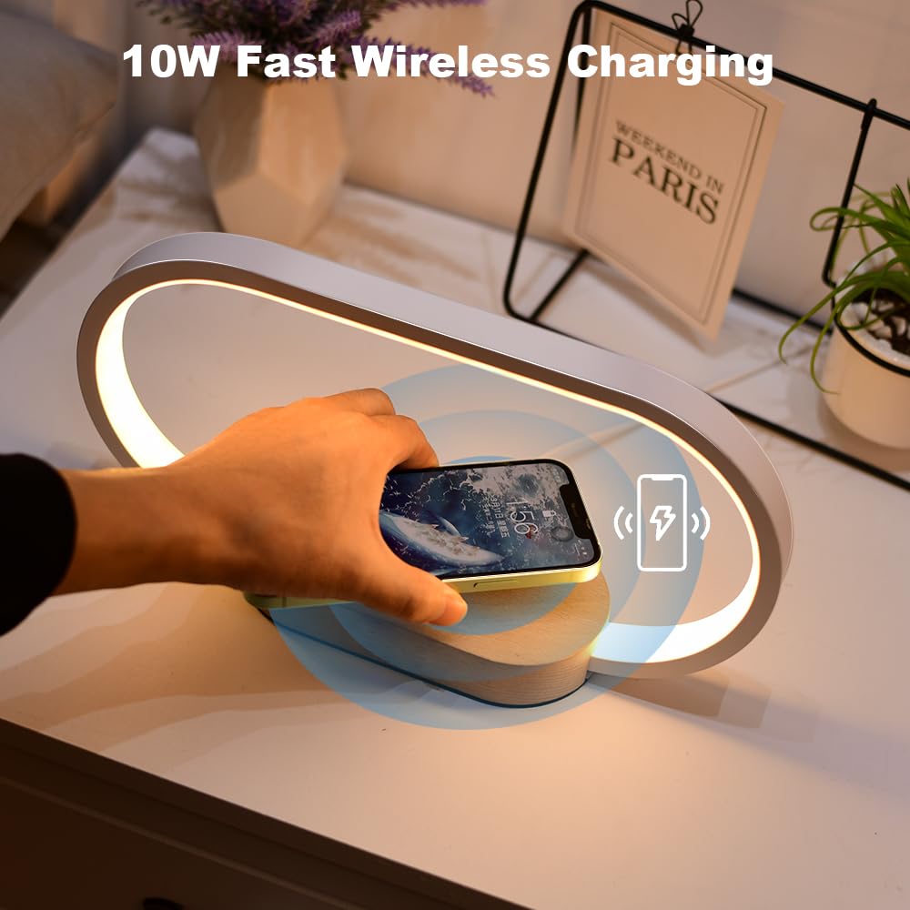 Donewin Wireless Charging Bedside Lamp with USB Charging Port,Premium Wooden Nightstand Light for Bedroom,Nursery Lamp,Touch-Control Desk Lamp,Ideal Gift Choice,Stepless Dimming& 3 Color Temps