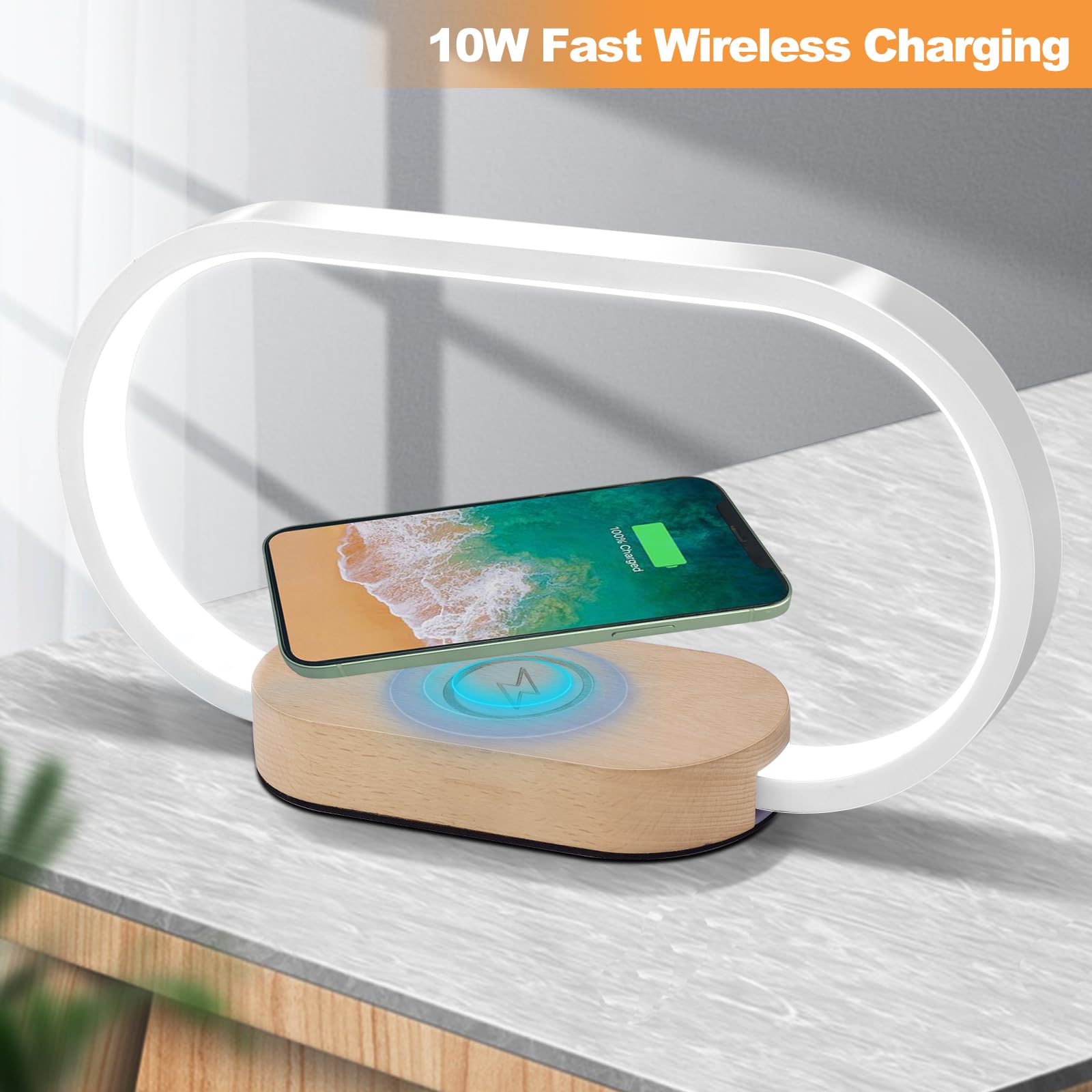 Donewin Wireless Charging Bedside Lamp with USB Charging Port,Premium Wooden Nightstand Light for Bedroom,Nursery Lamp,Touch-Control Desk Lamp,Ideal Gift Choice,Stepless Dimming& 3 Color Temps