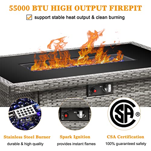 LayinSun 44" Propane Gas Fire Pit Table, 55000 BTU Rectangular Fire Pit with Glass Wind Guard for Outside Patio Deck Garden Backyard
