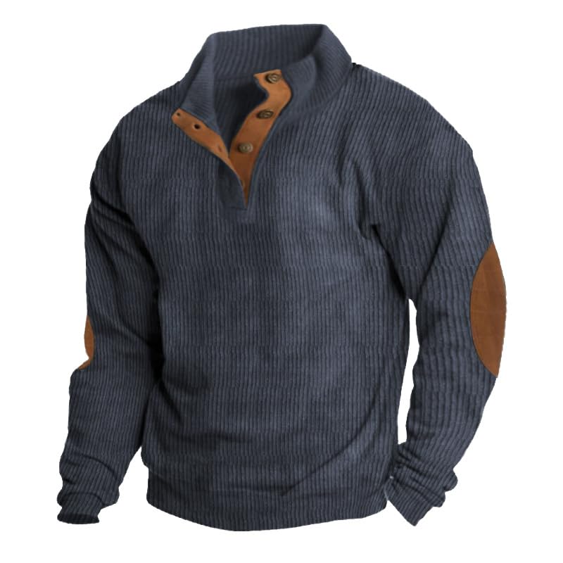 compulsoryking Men's Outdoor Casual Stand Collar Long Sleeve Sweatshirt Vintage Single Breasted Stand Collar Jacket Sweaters (Blue,X-Large)
