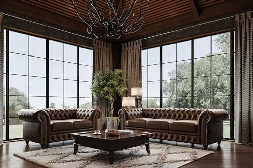 Valencia Parma Chesterfield Loveseat 64" | Premium Full-Aniline Leather | Mid-Century Accent Chair with Classic Button Tufted Back and Wood Legs for Living Room, Chocolate