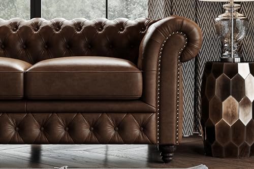Valencia Parma Chesterfield Loveseat 64" | Premium Full-Aniline Leather | Mid-Century Accent Chair with Classic Button Tufted Back and Wood Legs for Living Room, Chocolate