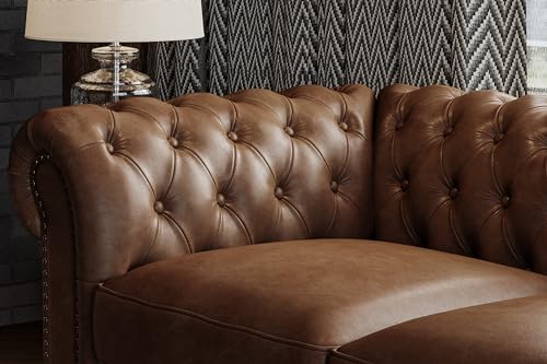 Valencia Parma Chesterfield Loveseat 64" | Premium Full-Aniline Leather | Mid-Century Accent Chair with Classic Button Tufted Back and Wood Legs for Living Room, Chocolate