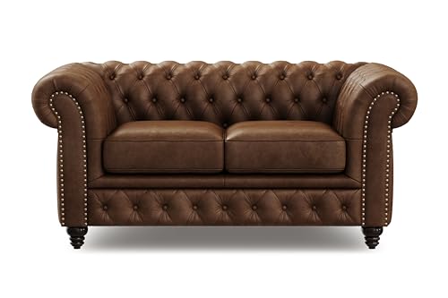 Valencia Parma Chesterfield Loveseat 64" | Premium Full-Aniline Leather | Mid-Century Accent Chair with Classic Button Tufted Back and Wood Legs for Living Room, Chocolate