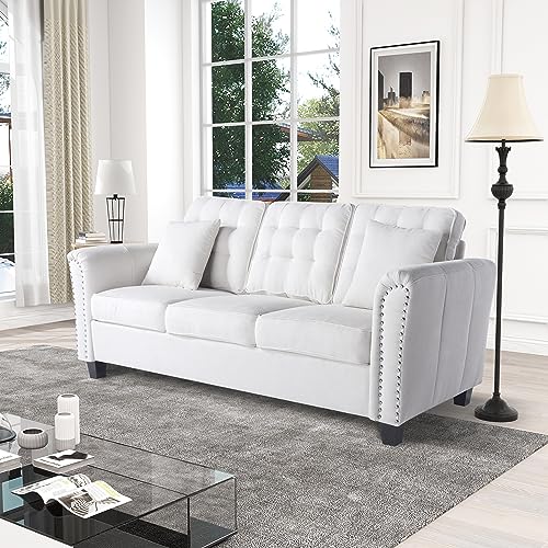 Lepfun Chesterfield, 86.6” Flare Sofa, Tufted 3 Seater Furniture, Velvet Couch with Scroll Arms and Nailhead for Living Room, Bedroom, Office, Apartment (Beige)