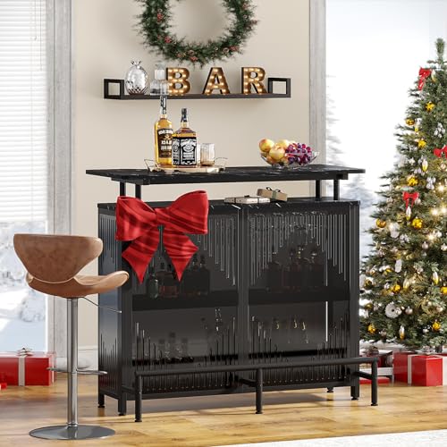 Tribesigns Home Bar Unit, 3 Tier Liquor Bar Table with Black Faux Marble Shelves and Stemware Racks, Wine Bar Cabinet Mini Bar with Acrylic Front for Home Kitchen Basement Pub, XDBAR858