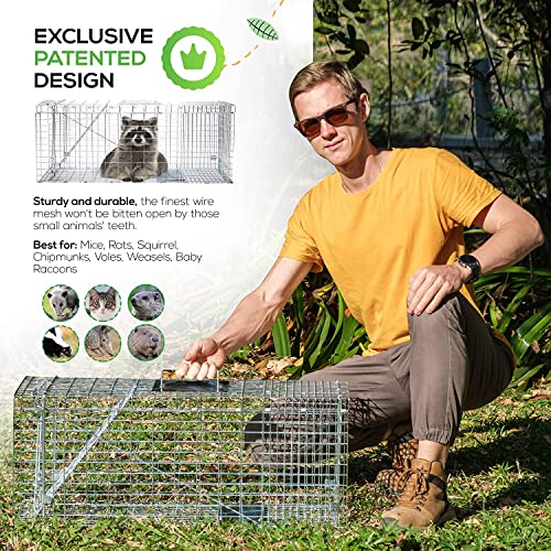 SAFETRAP Large Cage Trap for Live Animals + Bite Proof Gloves - 32" One-Door Humane Live Cage - Heavy Duty Animal Trap - Ideal to Catch & Release Raccoon, Chipmunk, Rabbit, Groundhog, Cat