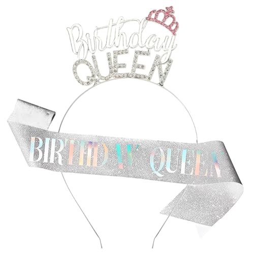 Birthday Queen Sash and Crown Tiara for Women Silver Glitter Happy Birthday Headband Hats Birthday Party Hats Decorations Supplies Photoshooting Props Birthday Gifts for Mom Grandma Women Friends