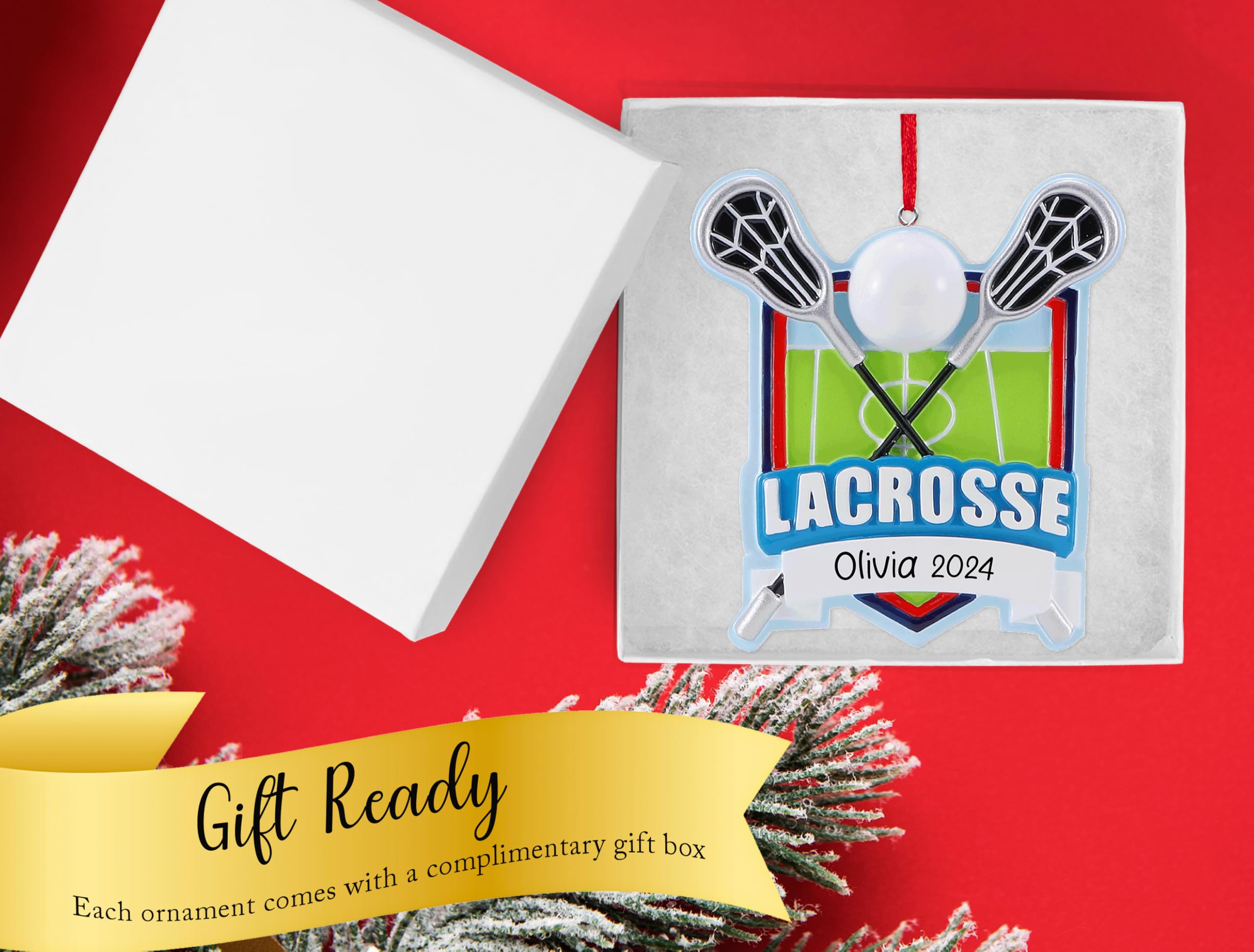 UniqXmas Personalized Lacrosse Christmas Ornament 2024 | La-Crosse Stick & Ball Xmas Tree Decoration for Girl Boy Kid | Customized Unique Keepsake Gift for LAX Player Coach Goalie | Custom Name & Year