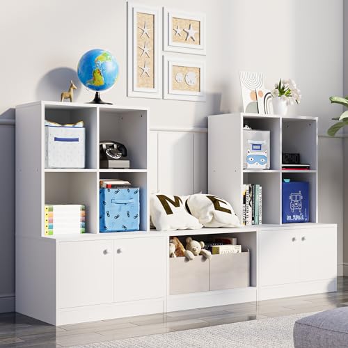 Cozy Castle Combination Book Shelf, 3-Piece Bookcase Set with 8 Cubes and 4 Doors, Large Cube Storage Bookshelf for Living Room, Playroom and Classroom, White