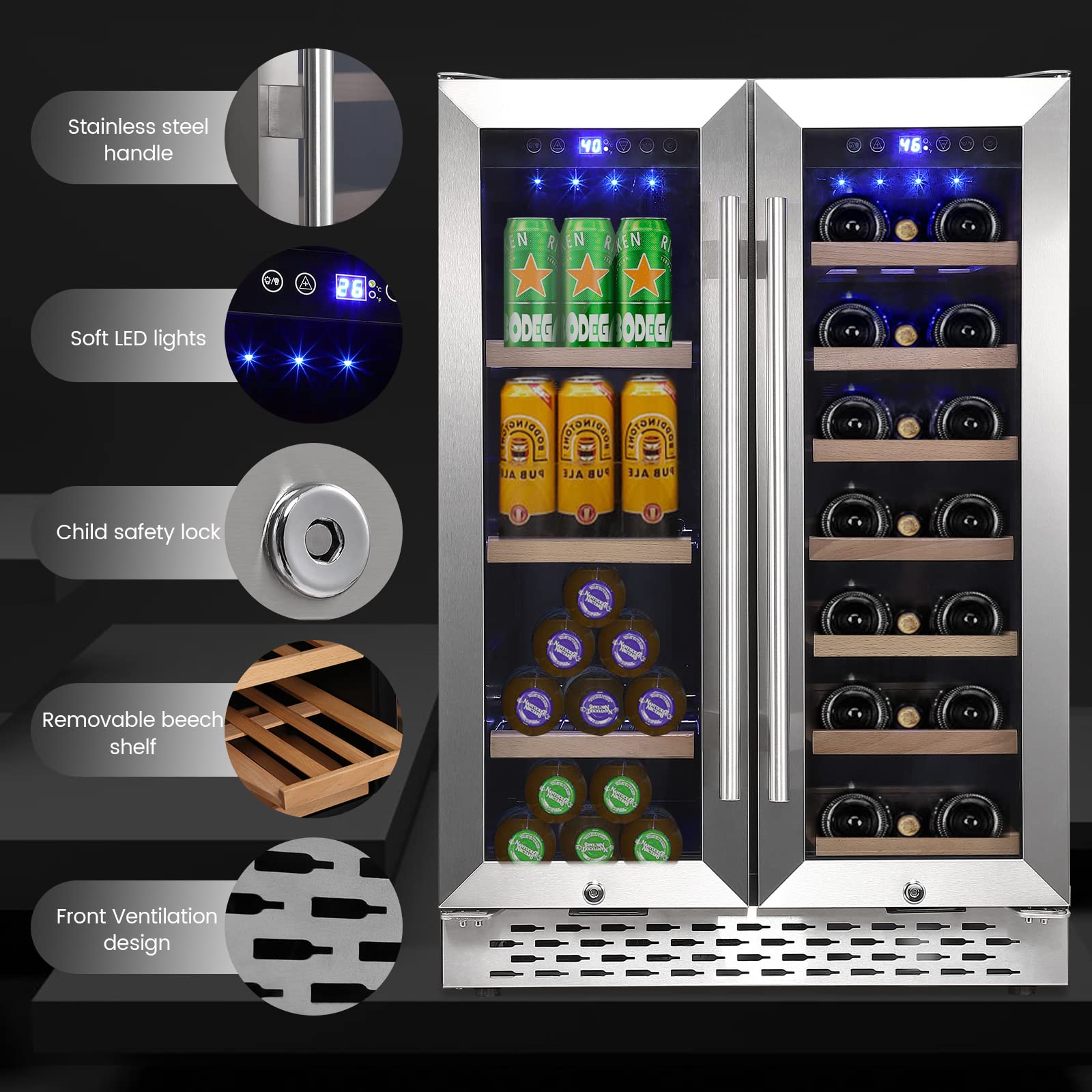 Wine and Beverage Refrigerator, 24 Inch Dual Zone Wine Cooler with Glass Door, Built-In Cooler with Independent Temperature Control and Quite Cool System, 40 Bottles and 55 Cans Capacity