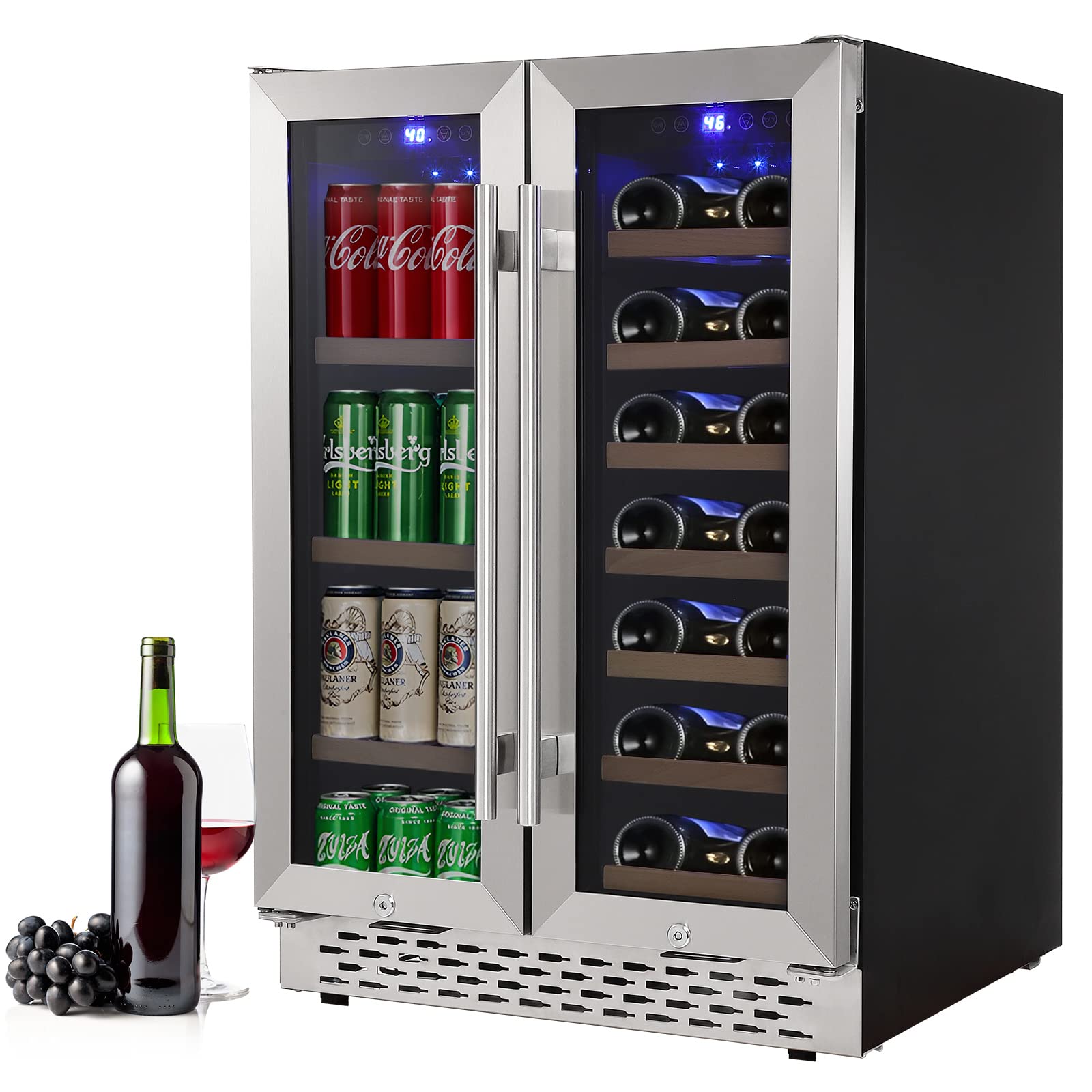 Wine and Beverage Refrigerator, 24 Inch Dual Zone Wine Cooler with Glass Door, Built-In Cooler with Independent Temperature Control and Quite Cool System, 40 Bottles and 55 Cans Capacity