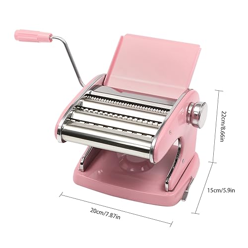 Pasta Maker Machine, Stainless Steel Manual with 6 Adjustable Thickness Settings for Home/Small Restaurants & Outdoor Camping (Pink)