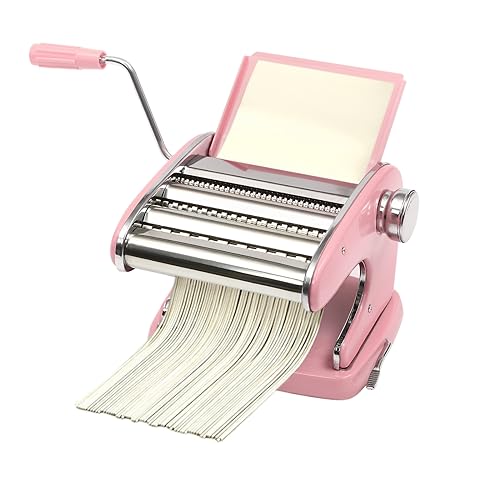 Pasta Maker Machine, Stainless Steel Manual with 6 Adjustable Thickness Settings for Home/Small Restaurants & Outdoor Camping (Pink)