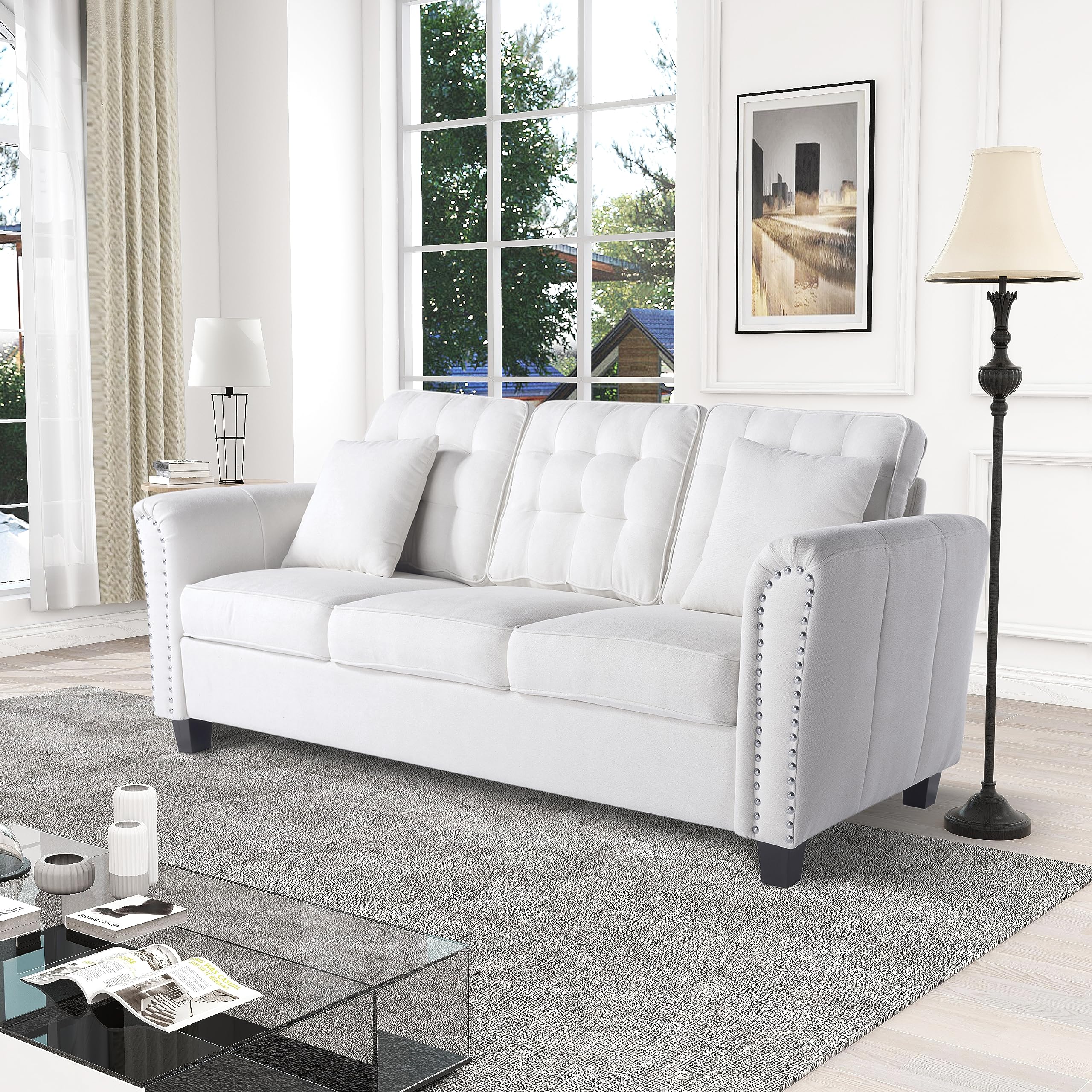 LCH Chesterfield, 86.6β Flare Sofa, Tufted 3 Seater Furniture, Velvet Couch with Scroll Arms and Nailhead for Living Room, Bedroom, Office, Apartment (Beige)