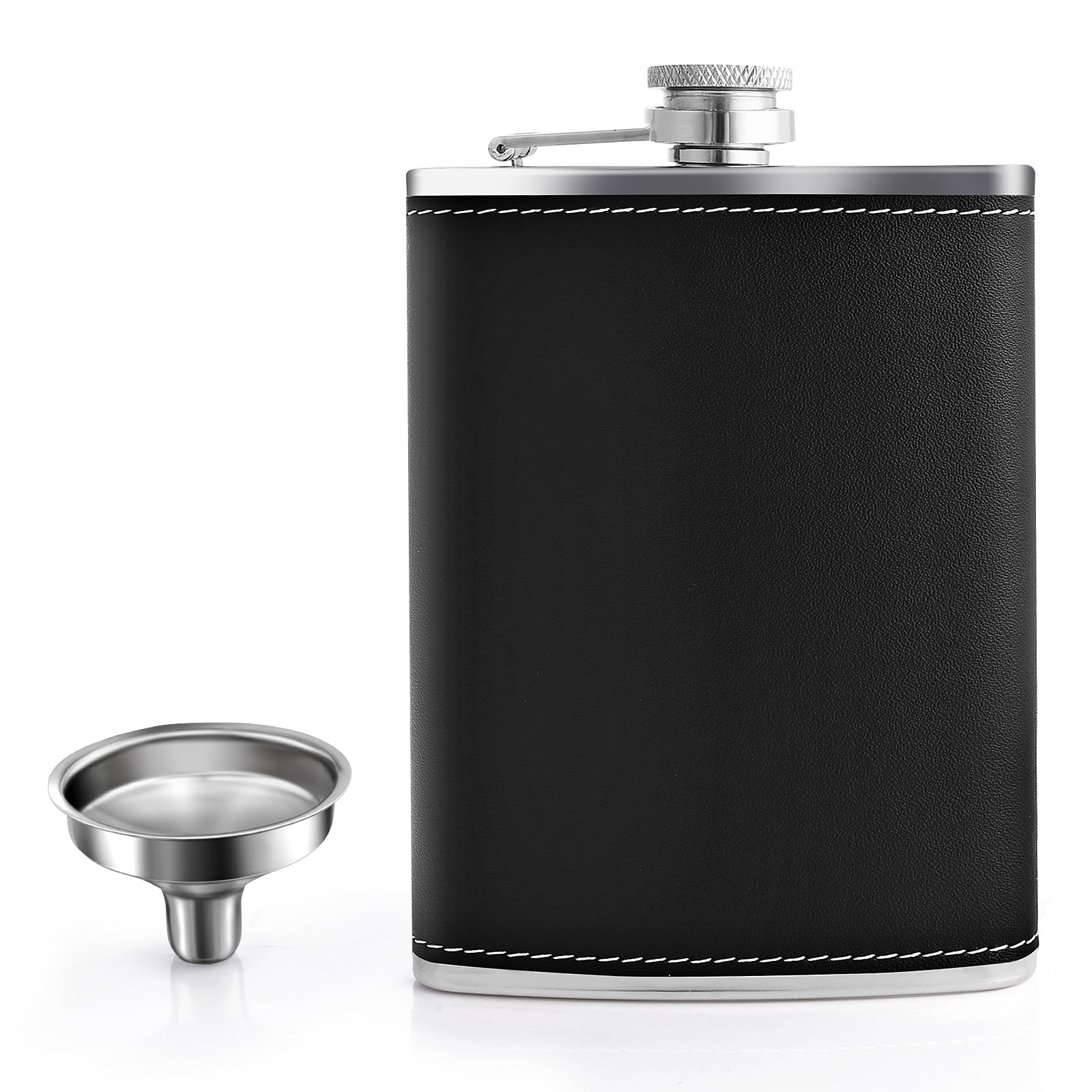 Hip Flask with Funnel, 8 oz Stainless Steel Whiskey Flask Portable Pocket Hip Flask for Men 100% Leak Proof Pocket Flask for Climbing Camping Barbecue Bar Party Drinker Black