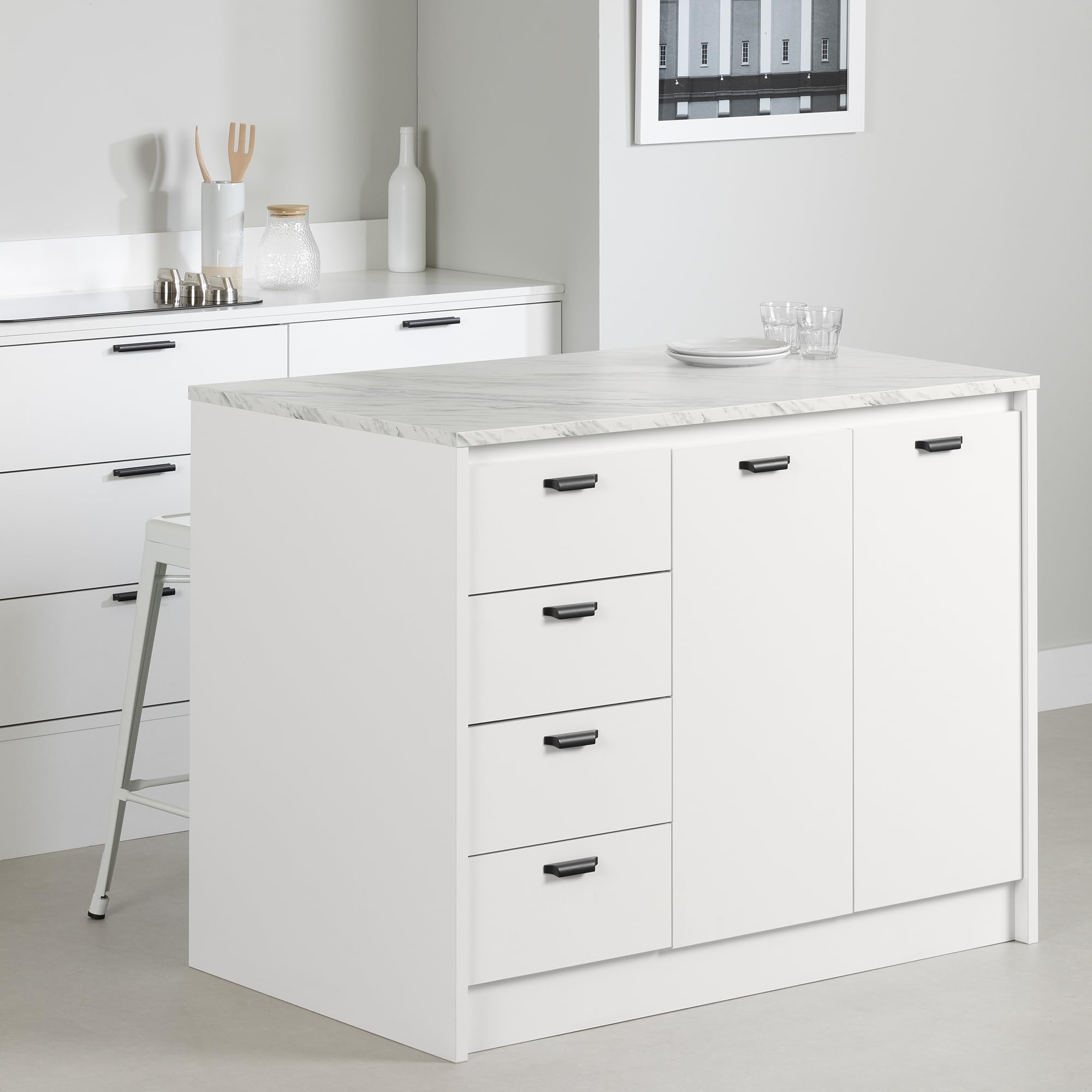 South Shore Amaro Kitchen Island with Storage, White Marble and White