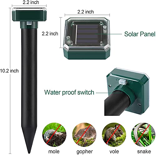 Mole Repellent Solar Powered 4 Pack, Waterproof Gopher Repellent Ultrasonic Solar Powered for Lawn, Vole Repellent Chipmunk Repellent Outdoor, Groundhog Chipmunk Repeller, Snake Repellent for Yard