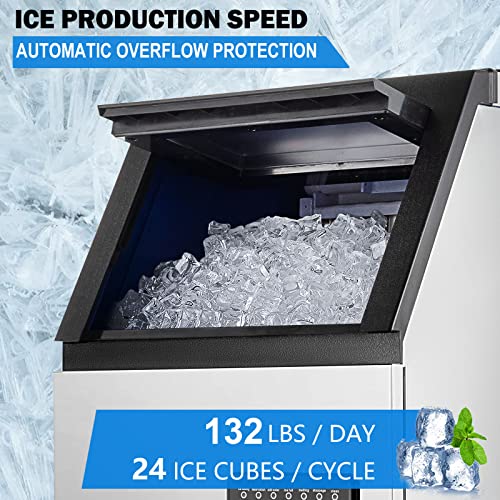 Topdeep Commercial Ice Maker Machine 132LBS/24H with 33LBS Storage Capacity, Stainless Steel Freestanding Ice Machine Automatic Operation- Ideal for Home, Restaurants, Bars Ice Making