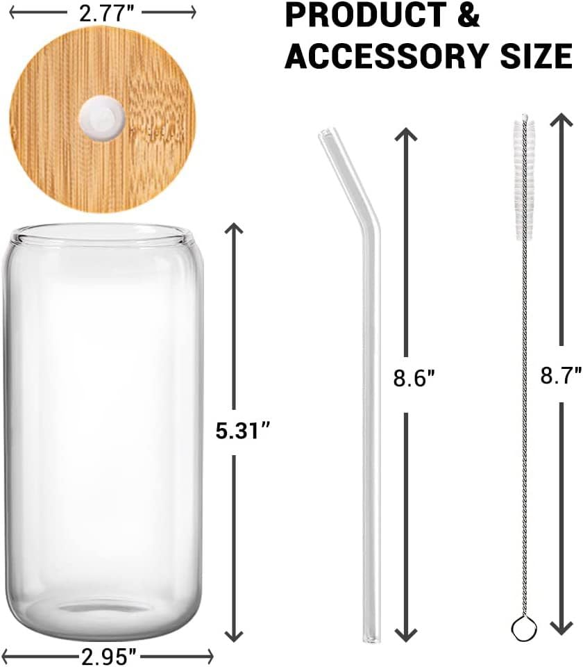 Clear 4-piece tumbler with bamboo lid and straw,16 oz iced coffee cup, home tumbler, suitable for beer, cocktails, tea and coffee