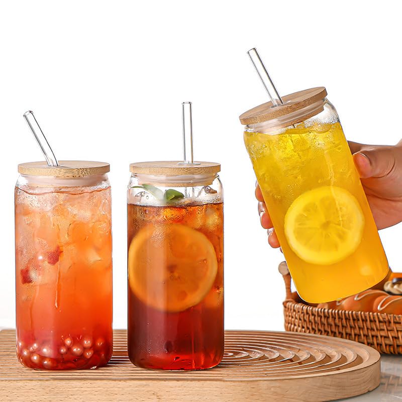 Clear 4-piece tumbler with bamboo lid and straw,16 oz iced coffee cup, home tumbler, suitable for beer, cocktails, tea and coffee