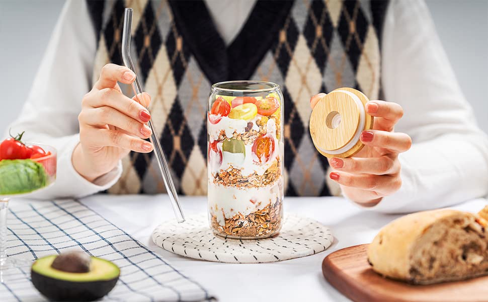 Clear 4-piece tumbler with bamboo lid and straw,16 oz iced coffee cup, home tumbler, suitable for beer, cocktails, tea and coffee