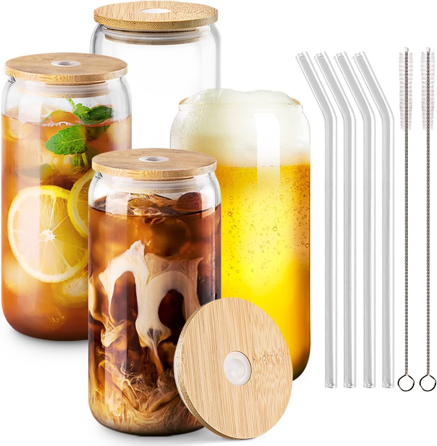 Clear 4-piece tumbler with bamboo lid and straw,16 oz iced coffee cup, home tumbler, suitable for beer, cocktails, tea and coffee