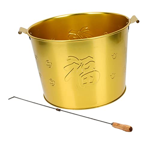 Veemoon Trash Golden Steel Leaves Bonfire Leaf Ash Fortune Bin Garden Wood Tongs Home Paper Barrel Hook Can Fireplace Fire Pit Stainless Bucket Money Sacrifice with Basin Yard Backyard