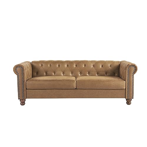Chesterfield Velvet Sofa Modern Upholstered Sofa Couch Loveseat Classic Tufted 3 Seater for Living Room Bedroom Hoom Office Apartments (Brown)
