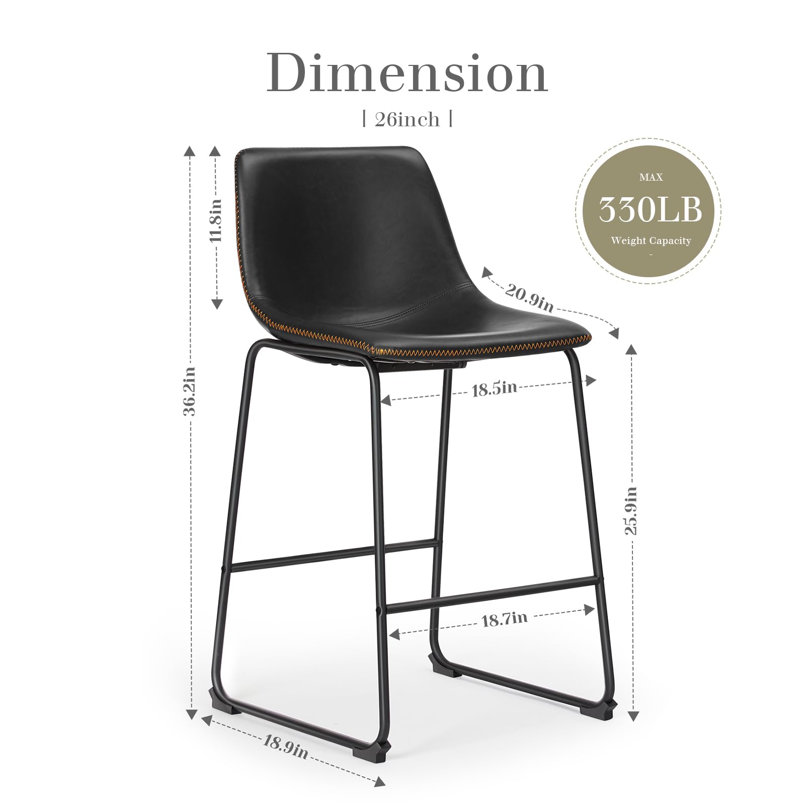 DUMOS 26 Inch Counter Height Bar Stools Set of 2, Modern Faux Leather High Barstools with Back and Metal Leg, Bar Chairs for Kitchen lsland, Black