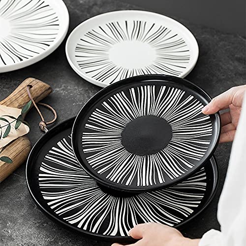 ROLTIN Dessert Dishes Plates Creative Porcelain Dinner Plates Set of 4 Black and White Multiple Stripes Patterns Ceramic Desserts Plate for Steak Salad. Microwave Dishwasher Saf