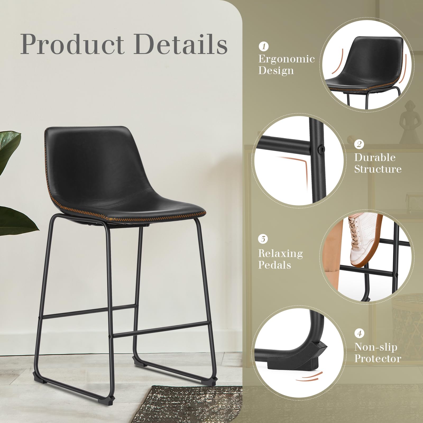 DUMOS 26 Inch Counter Height Bar Stools Set of 2, Modern Faux Leather High Barstools with Back and Metal Leg, Bar Chairs for Kitchen lsland, Black